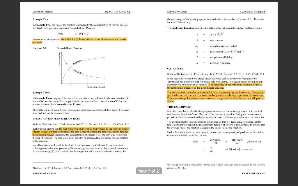 Laboratory Manual REACTION KINETICS EXPERIMENT 6 | Chegg.com