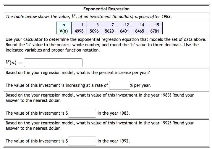 Solved Exponential Regression The table below shows the | Chegg.com