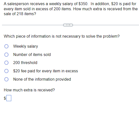 Solved A salesperson receives a weekly salary of $350. In | Chegg.com