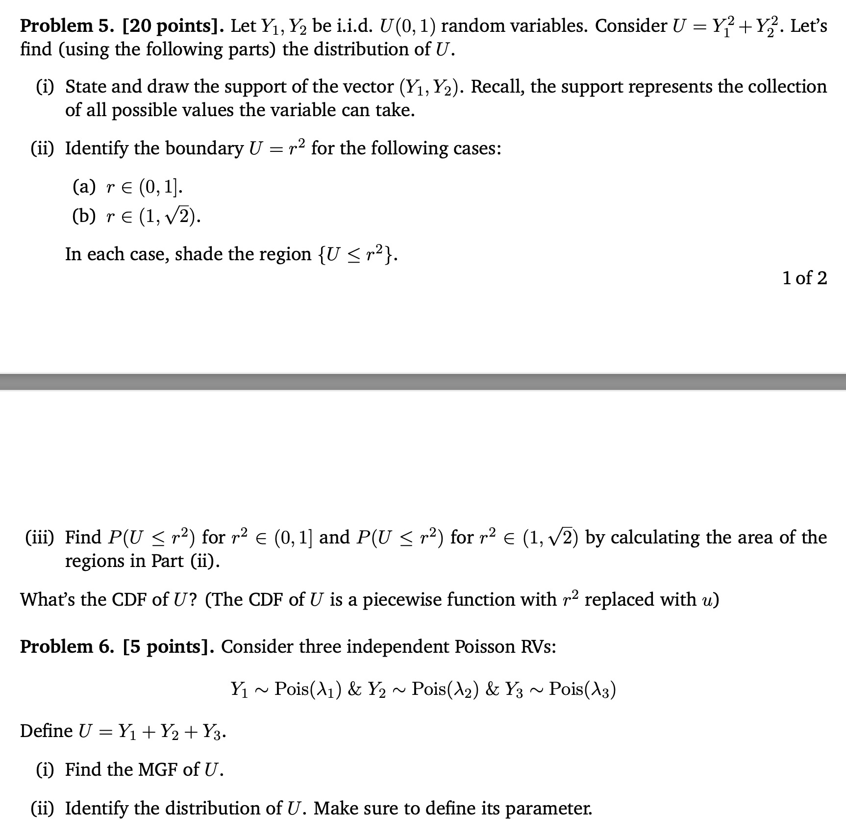Solved Problem 5. [20 points]. Let \\( Y_{1}, Y_{2} \\) be | Chegg.com