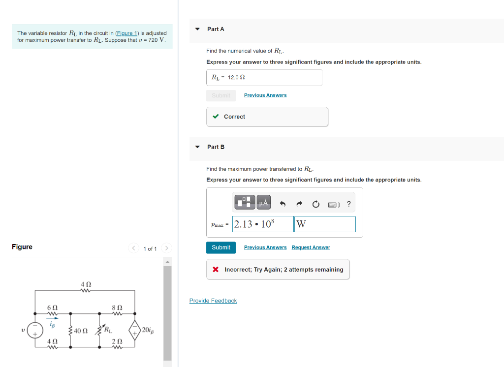 Solved The variable resistor RL in the circuit in Part A for | Chegg.com