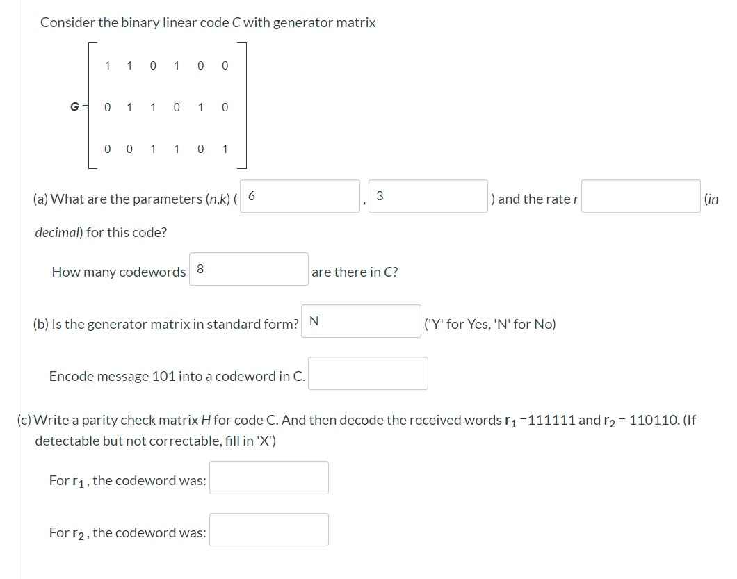 Consider the binary linear code C with generator | Chegg.com