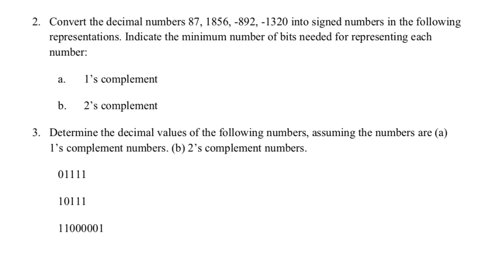 Solved Convert the decimal numbers 87, 1856, -892, -1320 | Chegg.com