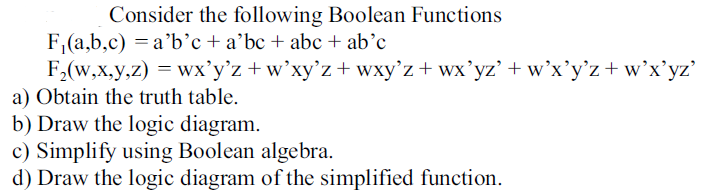 Solved Consider the following Boolean Functions F (a,b,c) = | Chegg.com