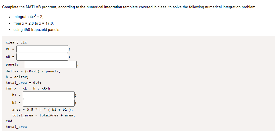 Solved Complete the MATLAB program, according to the | Chegg.com