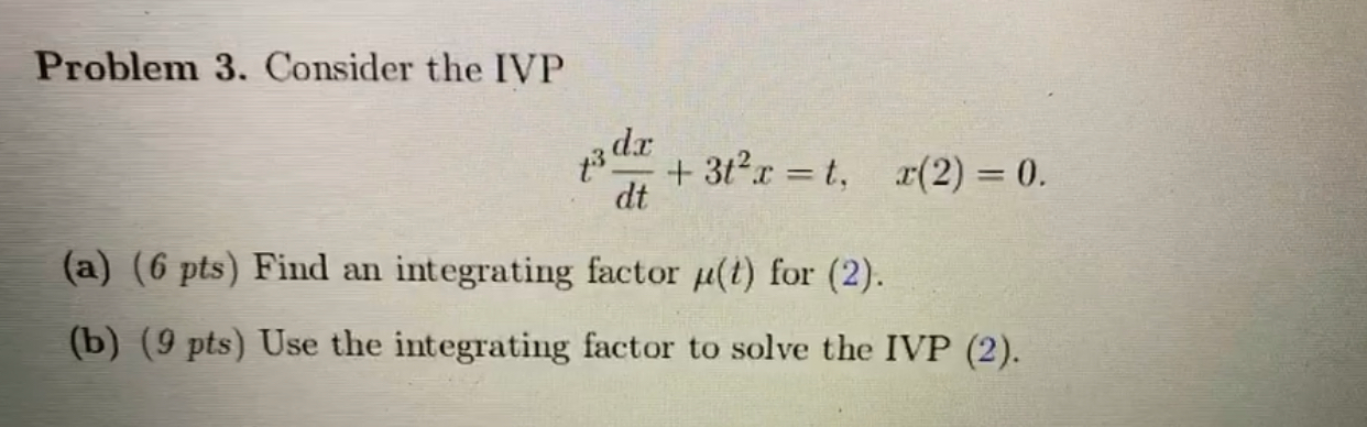 Solved Problem 3. Consider the IVP + 3t.r =t, 2(2) = 0. dt | Chegg.com