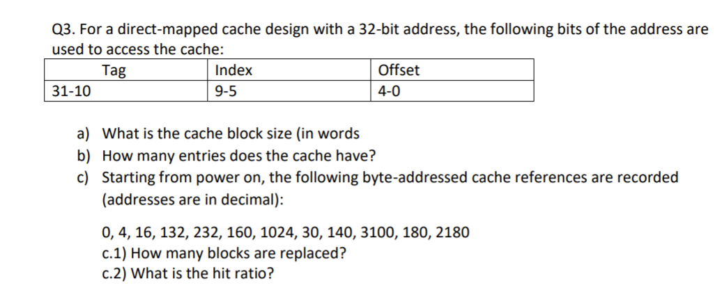 Solved Q3. For a direct-mapped cache design with a 32-bit | Chegg.com