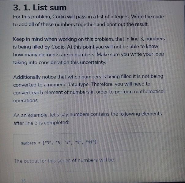 Solved 3. 1. List sum For this problem, Codio will pass in a | Chegg.com
