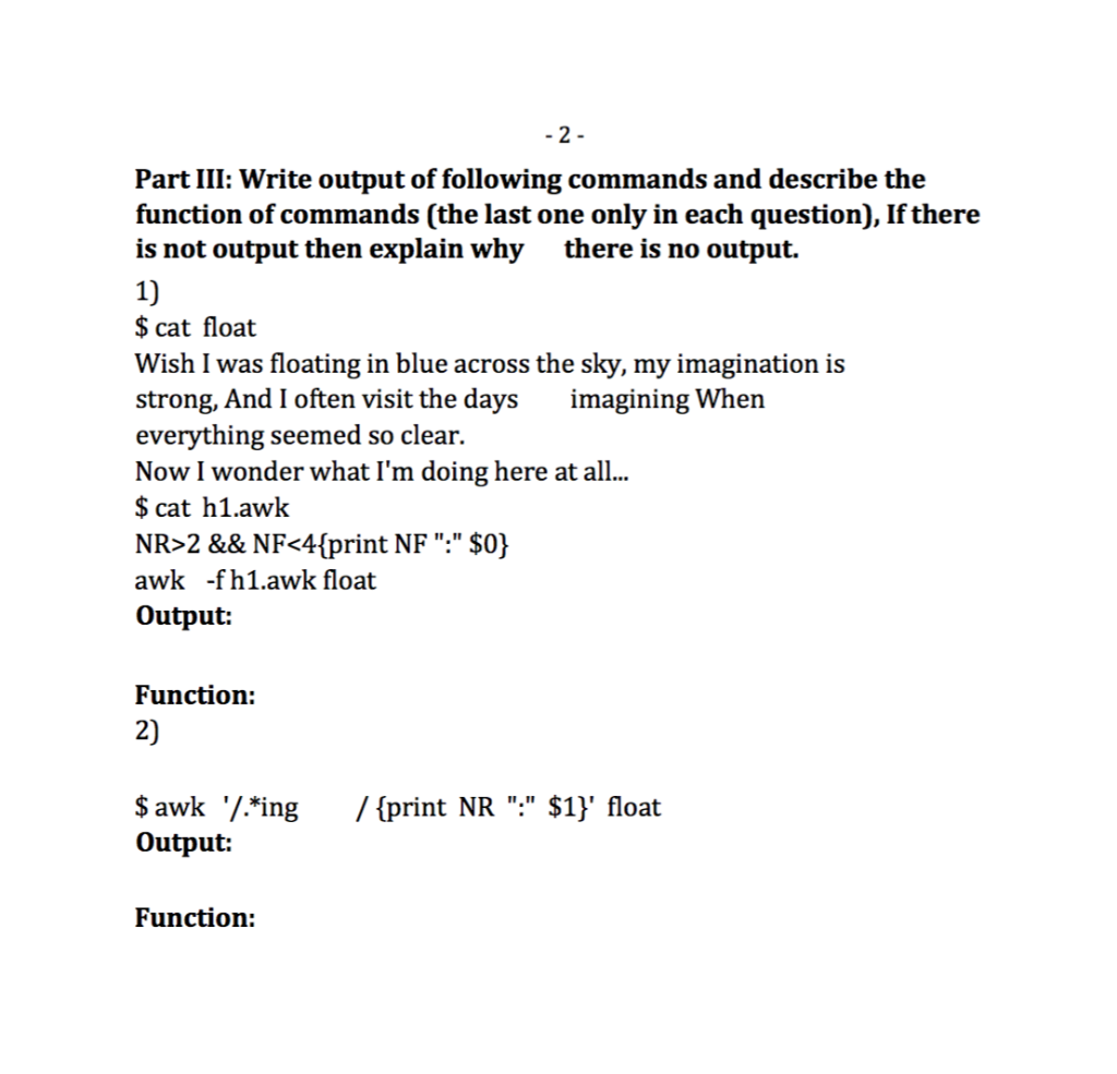 Solved - 2- Part III: Write output of following commands and | Chegg.com