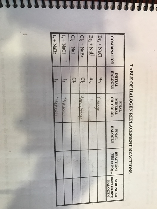 Solved TABLE OF HALOGEN REPLACEMENT REACTIONS FINAL | Chegg.com
