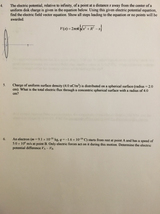 Solved The electric potential, relative to infinity, of a | Chegg.com