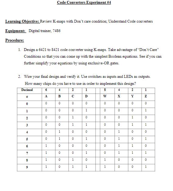 Solved rocedure: 1. Design a 6421 to 8421 code converter | Chegg.com