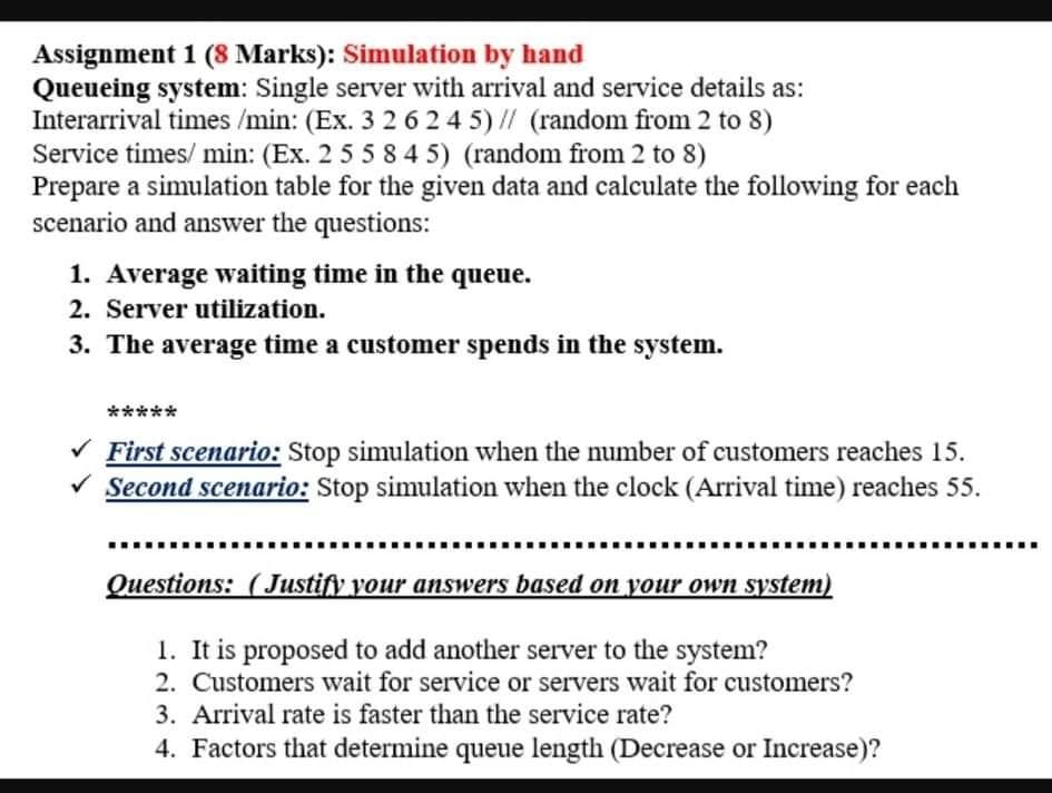 Solved Assignment 1 (8 Marks): Simulation by hand Queueing | Chegg.com