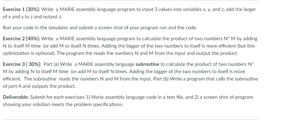 Solved Exercise 1 [30%]: Write a MARIE assembly language | Chegg.com