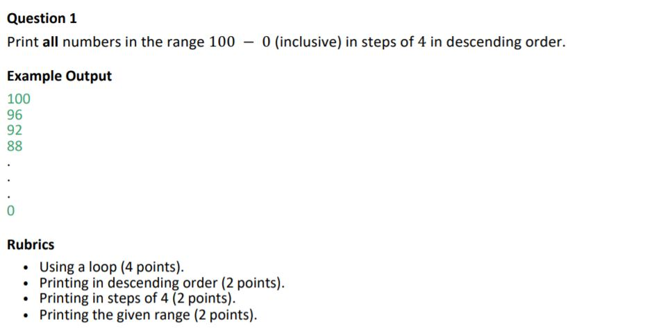 Solved Question 1 Print all numbers in the range 100 0 | Chegg.com