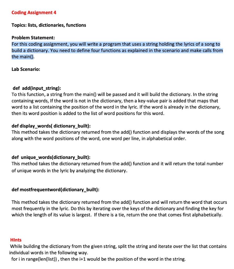 Solved Coding Assignment 4 Topics: lists, dictionaries, | Chegg.com