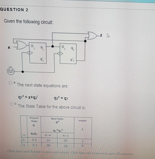 Solved QUESTION 2 Given the following circuit 02 Oa The next | Chegg.com