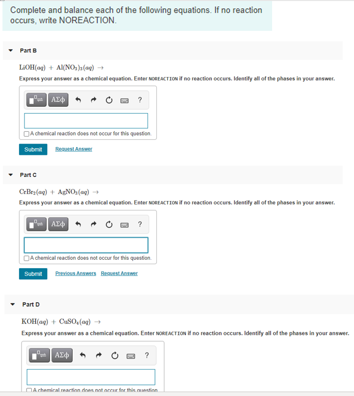 Solved Complete and balance each of the following equations. | Chegg.com