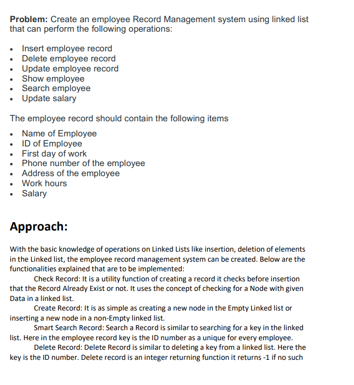 Solved Problem: Create an employee Record Management system | Chegg.com