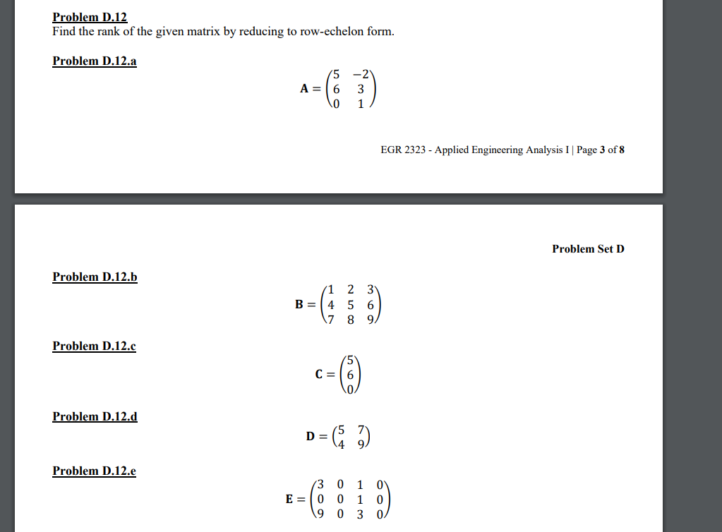 Solved Problem D.12 Find the rank of the given matrix by | Chegg.com