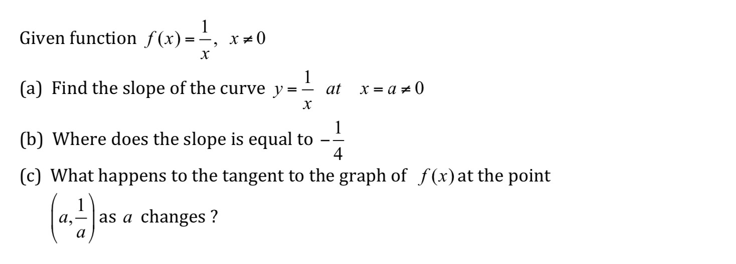 Solved Given function f(x)=x1,x =0 (a) Find the slope of the | Chegg.com