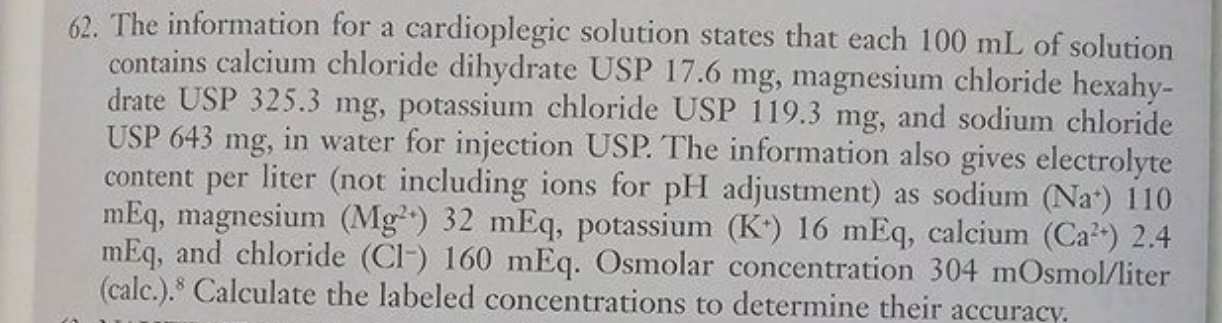 Solved 62. The information for a cardioplegic solution | Chegg.com