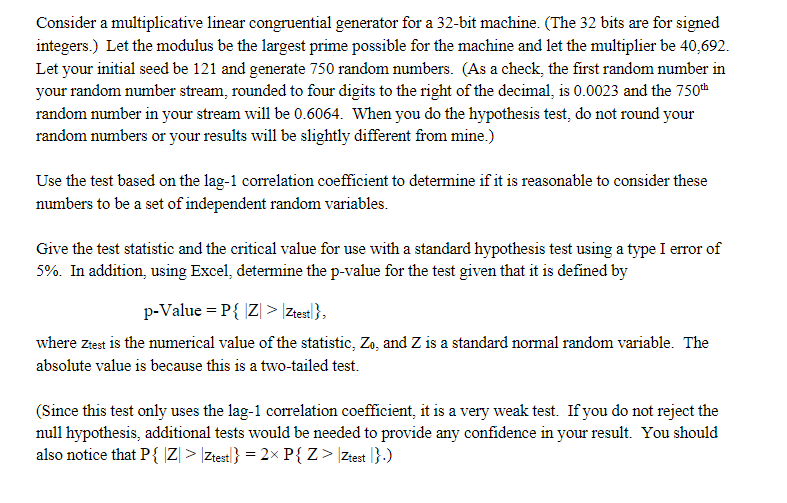 Consider a multiplicative linear congruential | Chegg.com