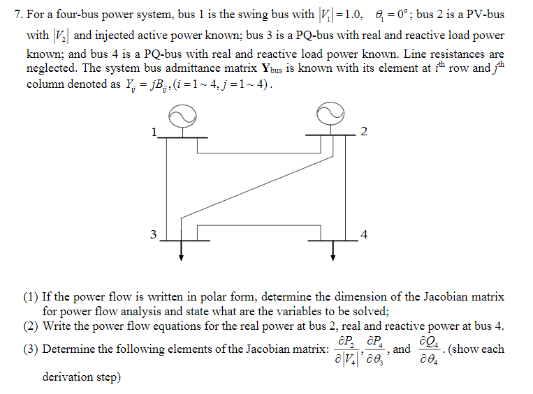 Solved 7. For a four-bus power system, bus 1 is the swing | Chegg.com Solved 7. For a four-bus power system, bus 1 is the swing | Chegg.com