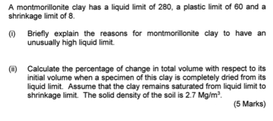 Solved A montmorillonite clay has a liquid limit of 280, a | Chegg.com
