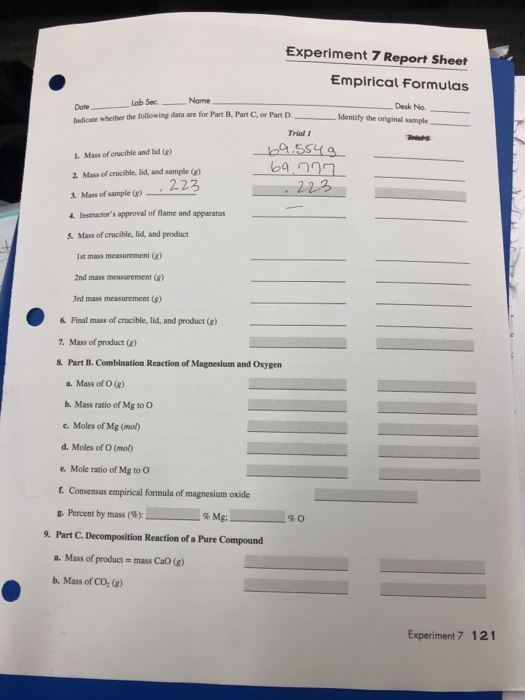 Solved Experiment 7 Report Sheet Empirical Formulas Desk No. | Chegg.com