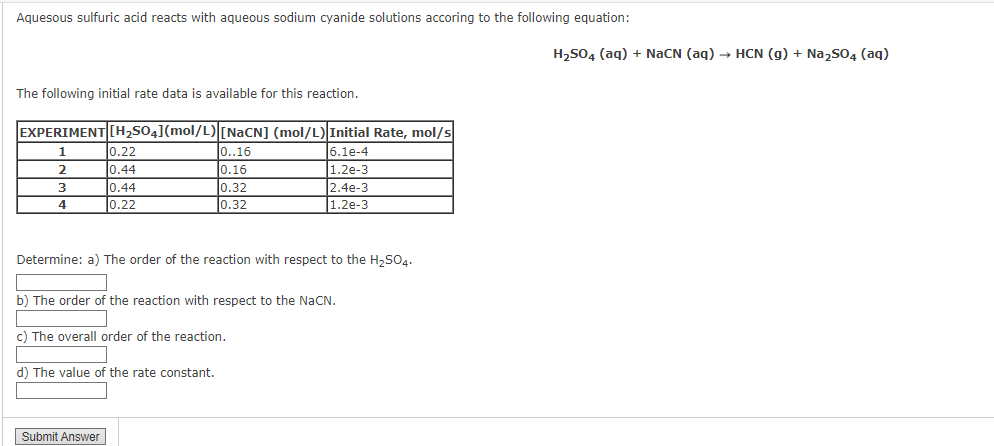 Solved H2SO4(aq)+NaCN(aq)→HCN(g)+Na2SO4(aq) The following | Chegg.com