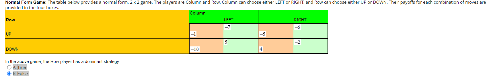 Solved In the above game, the Row player has a dominant | Chegg.com