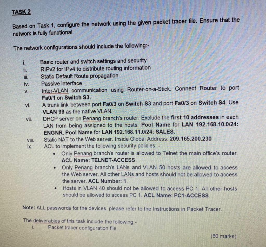 Solved Task 2 Based On Task 1 Configure The Network Using 0126