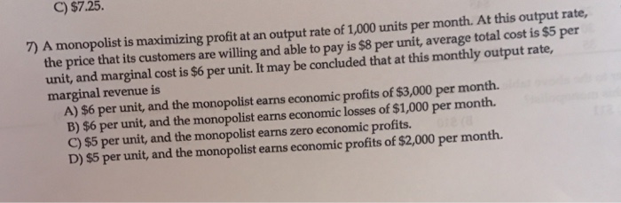 Solved A monopolist is maximizing profit at an output rate | Chegg.com
