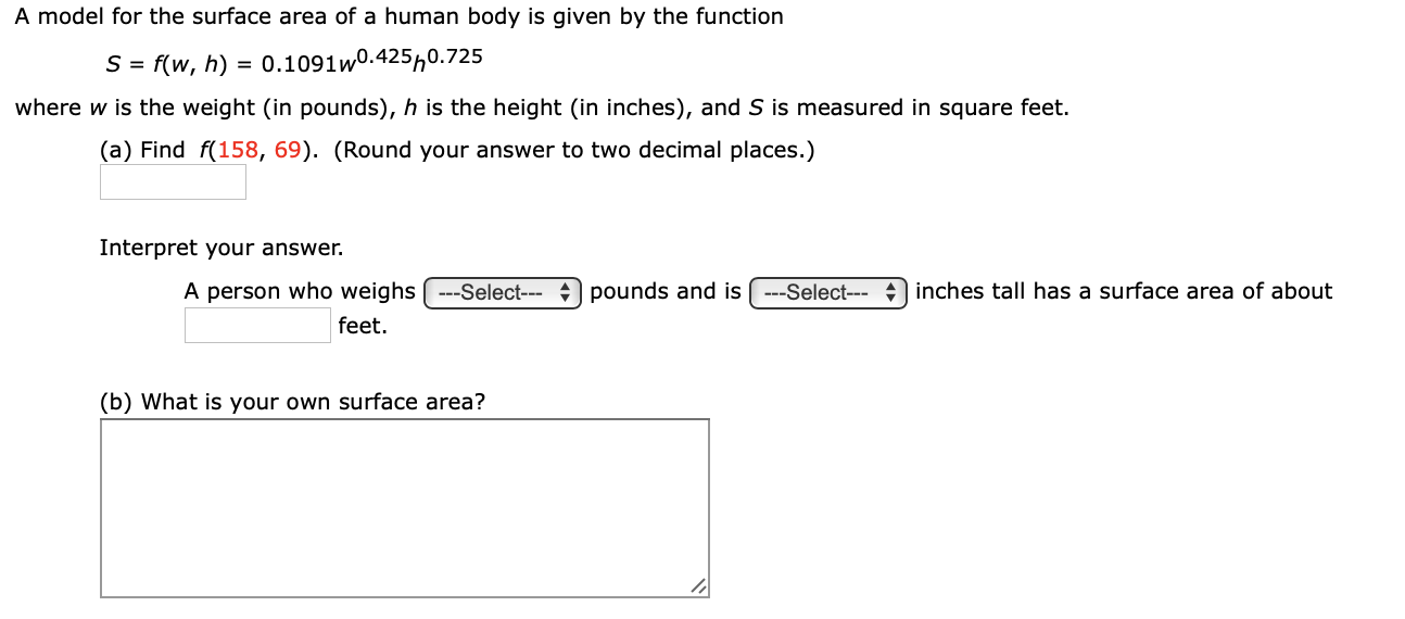 Solved A model for the surface area of a human body is given | Chegg.com