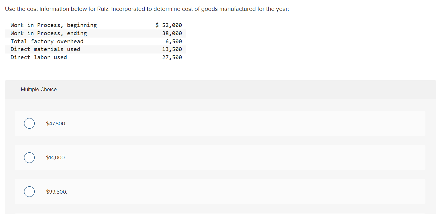 Solved Use the cost information below for Ruiz, Incorporated | Chegg.com Solved Use the cost information below for Ruiz, Incorporated | Chegg.com