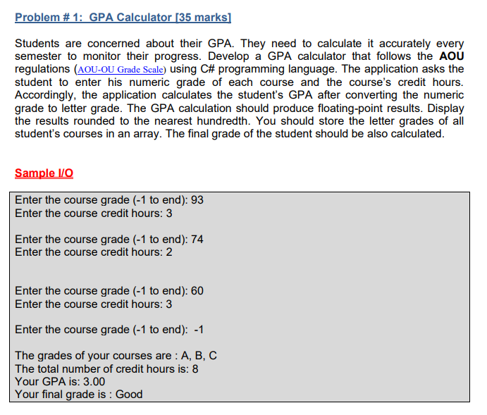 Solved 1. Problem \# 1 GPA Calculator: 1.1 Algorithm | Chegg.com