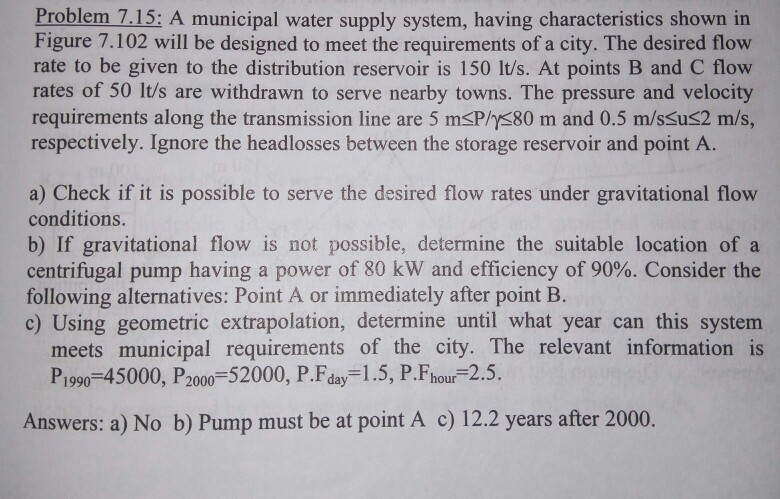 Problem 7.15: A municipal water supply system, having | Chegg.com
