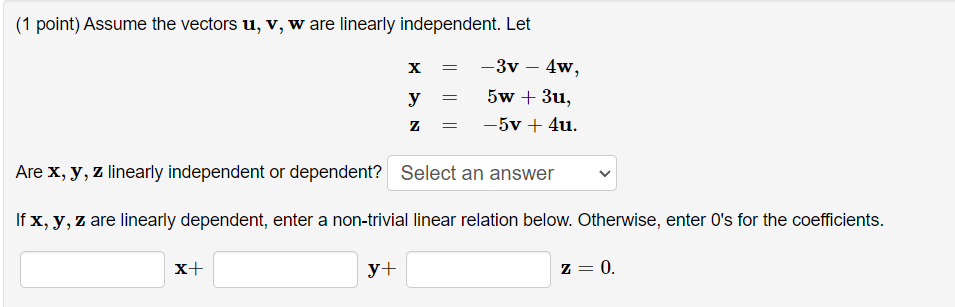 Solved (1 point) Let u1=⎣⎡1−10⎦⎤,u2=⎣⎡301⎦⎤,u3=⎣⎡0−3−1⎦⎤ | Chegg.com