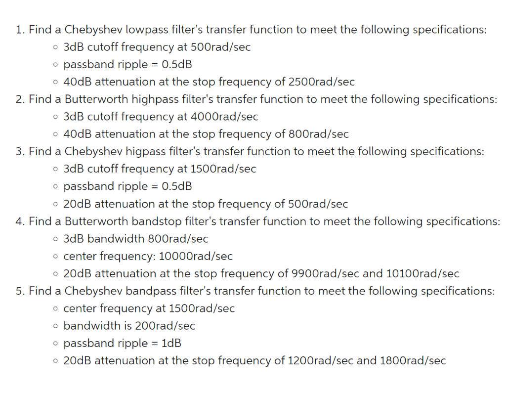 Solved 1. Find a Chebyshev lowpass filter's transfer | Chegg.com