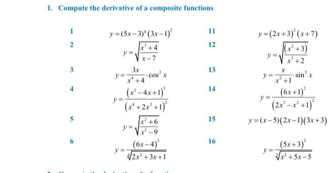 Solved 1. Compute the derivative of a composite functions y | Chegg.com