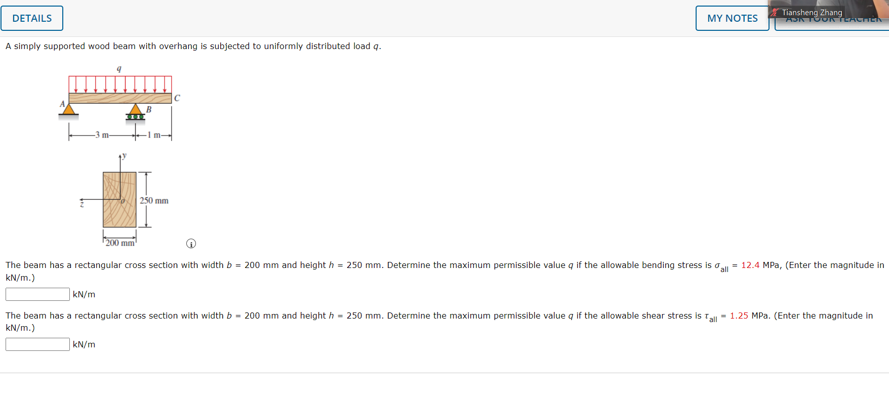 Solved A simply supported wood beam with overhang is | Chegg.com