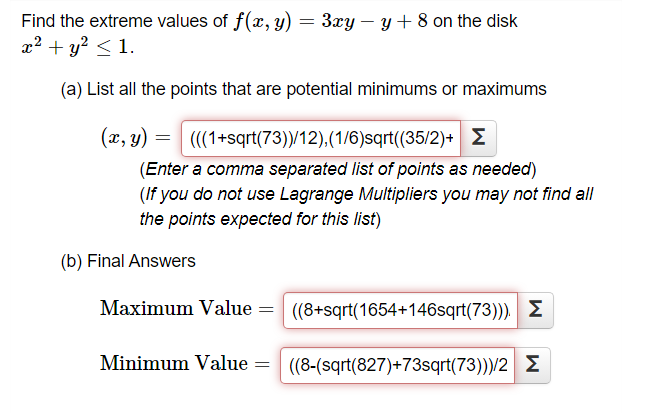 Solved Find The Extreme Values Of F X Y 3xy−y 8 On The Disk