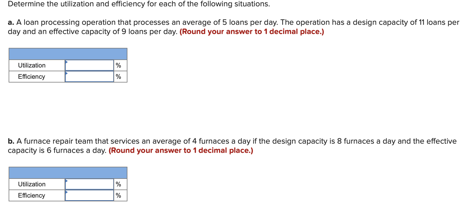 Solved Determine the utilization and efficiency for each of | Chegg.com