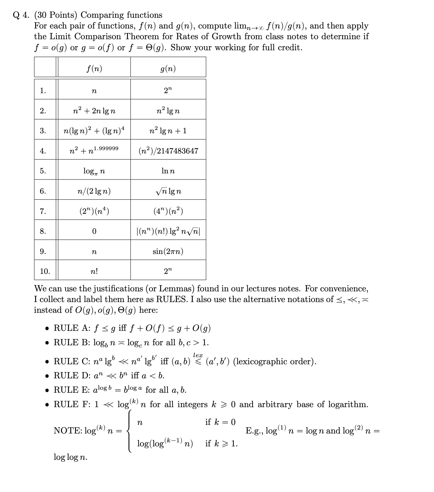 4. (30 Points) Comparing functions For each pair of | Chegg.com