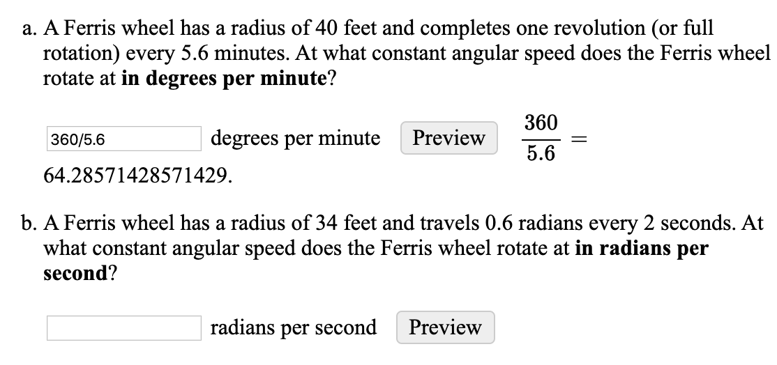 Solved a. A Ferris wheel has a radius of 40 feet and | Chegg.com