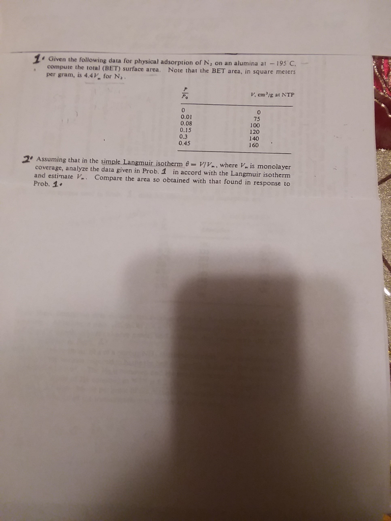 1 Given the following data for physical adsorption of | Chegg.com