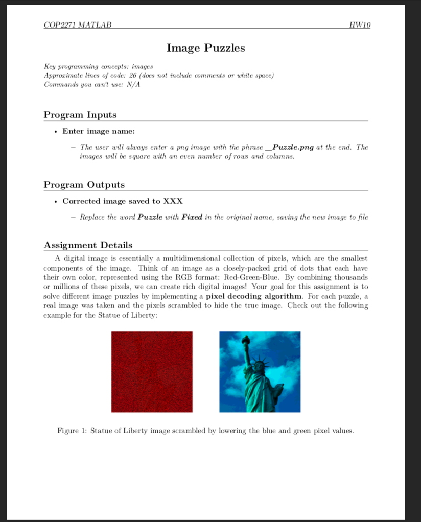 COP 2271 MATLAB HW10 Image Puzzles Key programming | Chegg.com