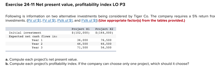 Solved Exercise 24-11 Net present value, profitability index | Chegg.com