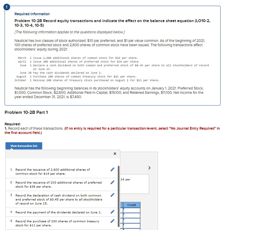 Solved Required Information Problem 10-2B Record equity | Chegg.com